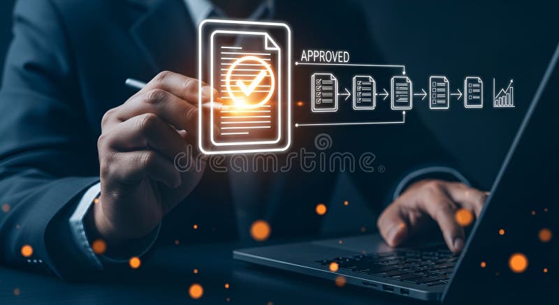 Document Approval Process with Digital Workflow and Checkmark Stock Illustration - Illustration ...