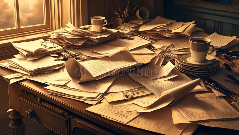 Document Chaos Home Office Workspace Clutter Cozy Room Overhead View ...