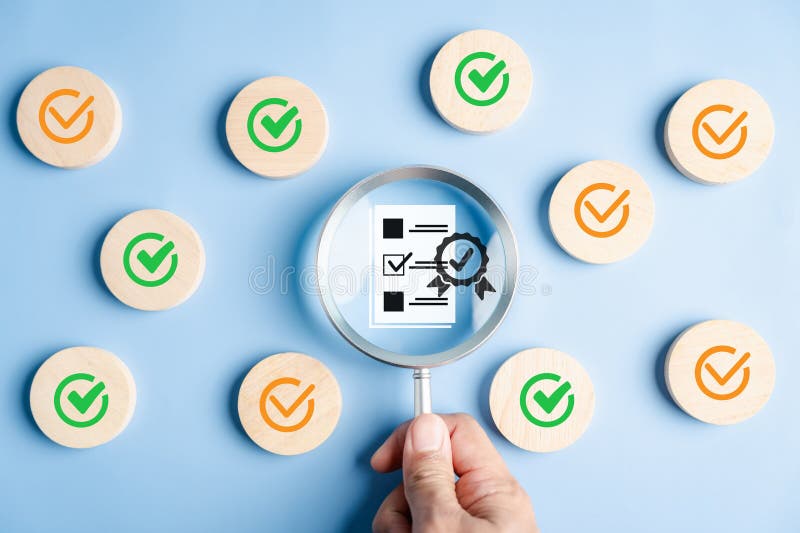 Document Check and Certificate Approval with Magnifying Glass on Checklist and Verified Badge ...