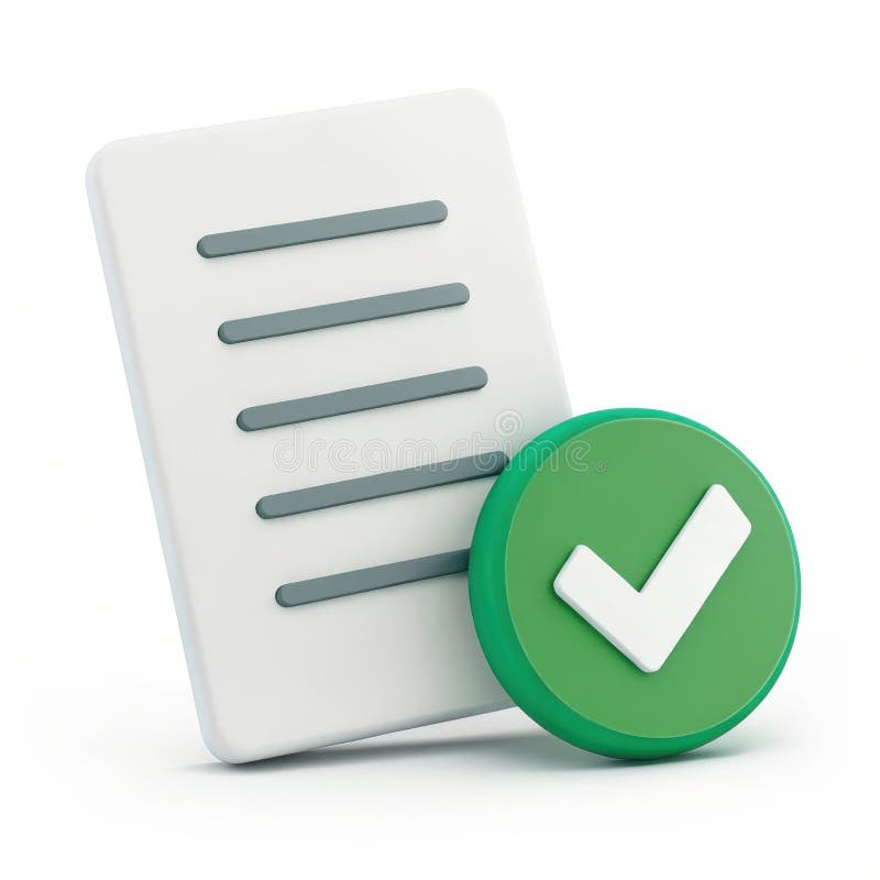 Document with Check Mark Icon Indicating Approval or Completion Isolated on White Background ...