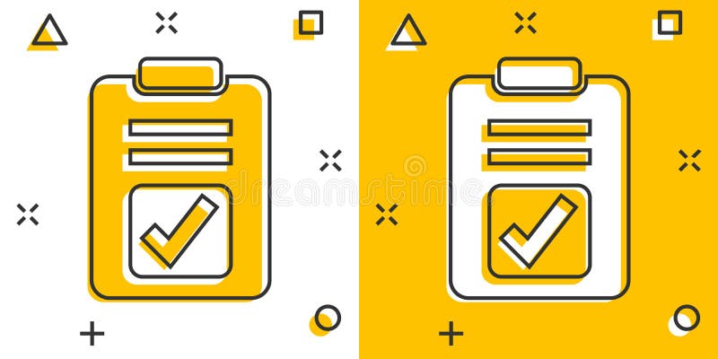 Document Checkbox Icon in Comic Style. Test Cartoon Vector Illustration ...