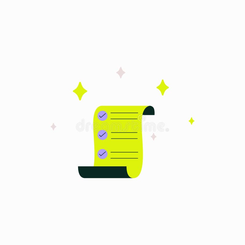 Document with Checkmarks and Sparkles in Flat Vector Illustration ...