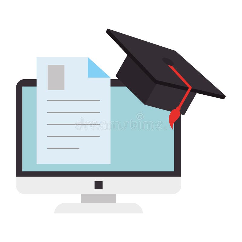 Document with Computer and Hat Graduation Stock Vector - Illustration ...
