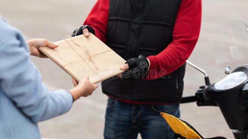 Courier Man Giving Document Package To Customer Outdoors, Closeup Stock ...