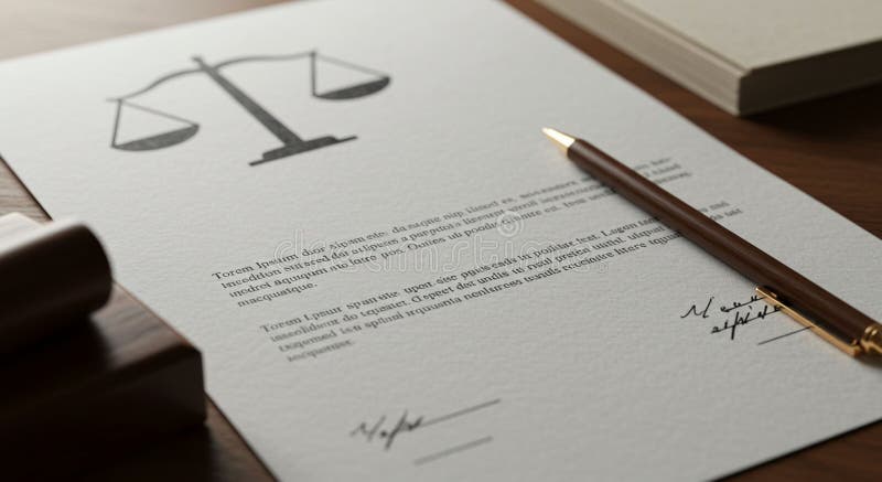 Document on a Desk Featuring a Printed Scale of Justice, Symbolizing ...
