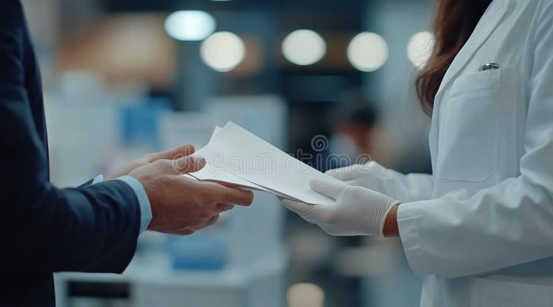 Document Exchange Close-Up: Doctor and Businessman in Professional ...