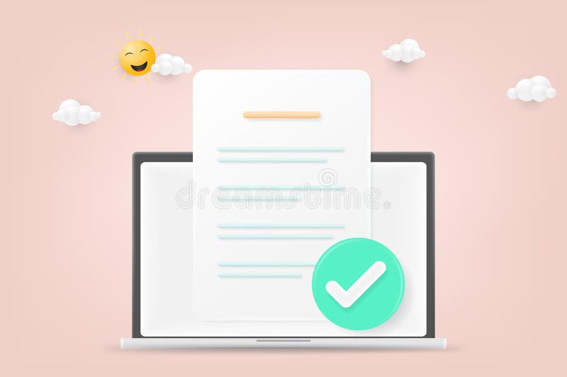 Document File with an Approved Checkmark on the Laptop Screen. 3d ...
