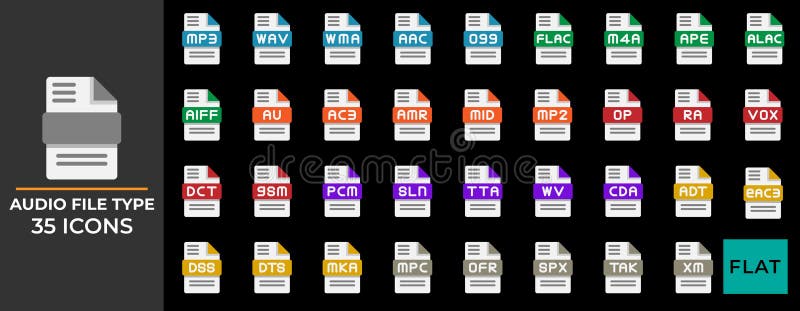 Document File Type Audio Flat Icon Set. Extension, Format, Archive ...