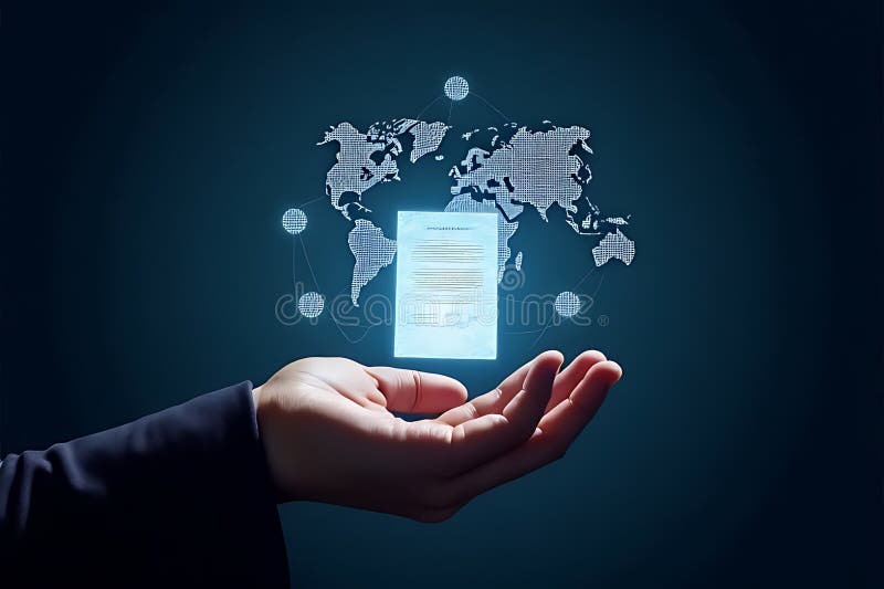 A Document Floats Above a Hand Against a Networked World Map Backdrop ...