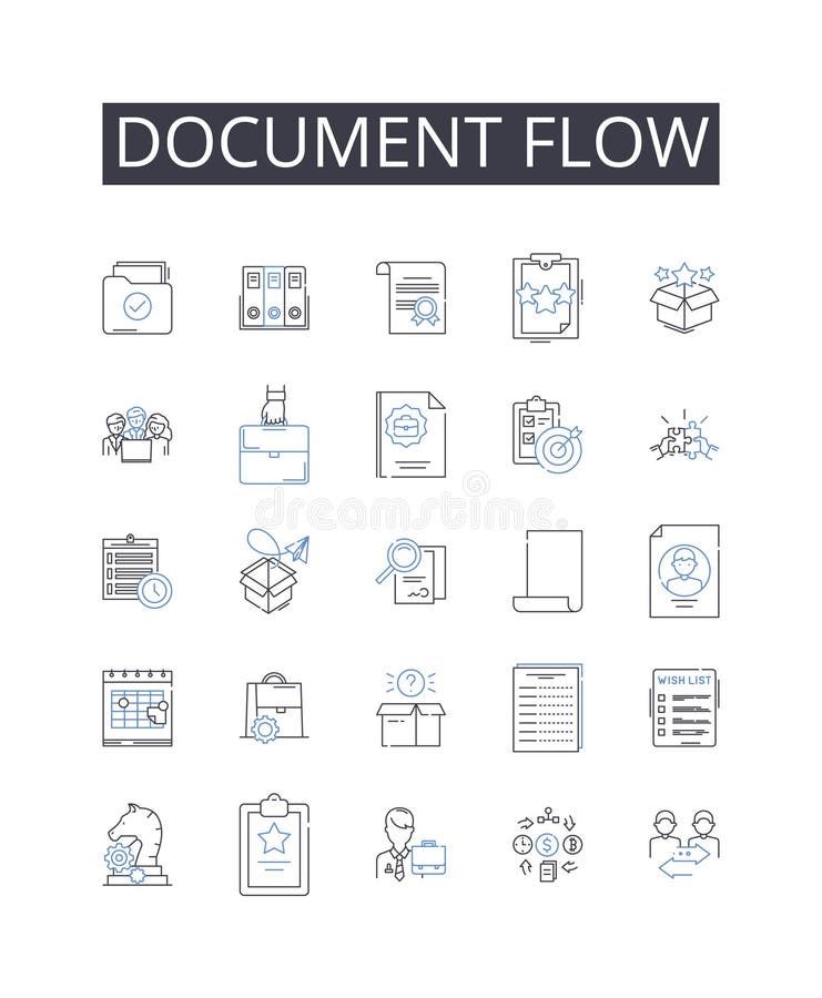 Document Flow Line Icons Collection. Workflow Management, Information Stream, Business Process ...
