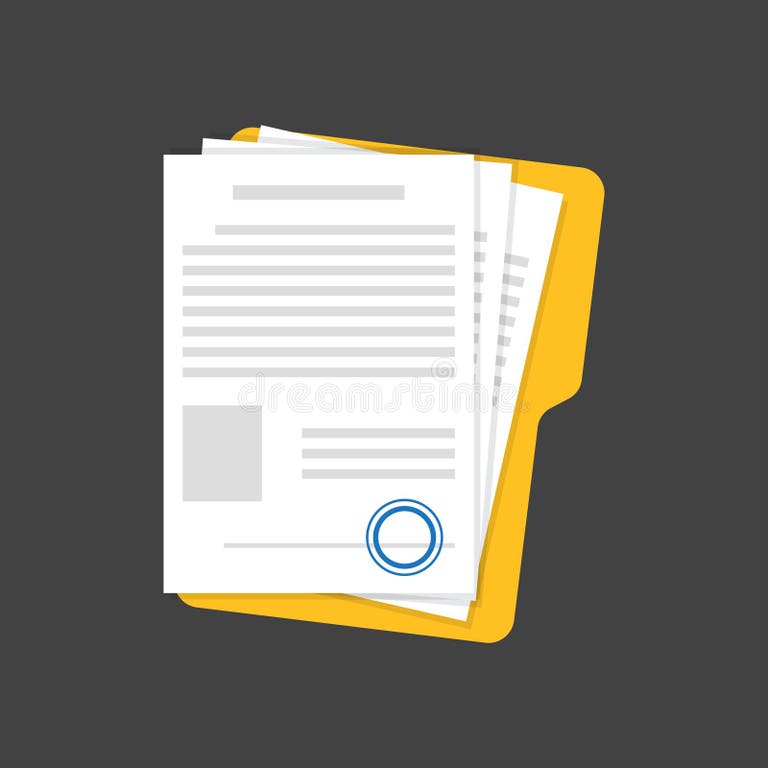 Document, Folder with Stamp and Text Icon in Flat Style. White Papers ...