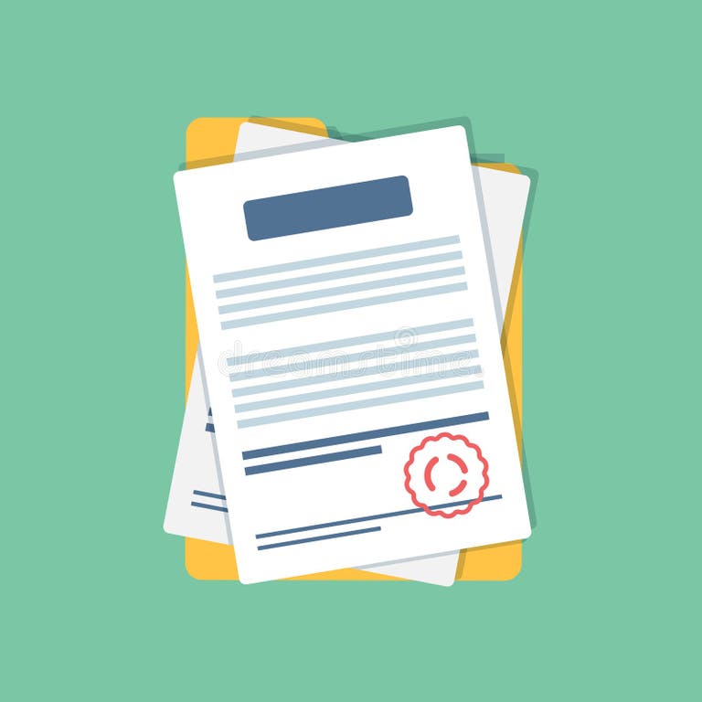 Document, Folder with Stamp and Text Icon in Flat Style. White Papers ...