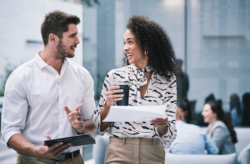 Document, Happy Team and Business People with Tablet for Discussion ...