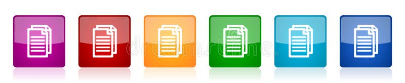 Document Icon Set, Colorful Square Glossy Vector Illustrations in 6 ...