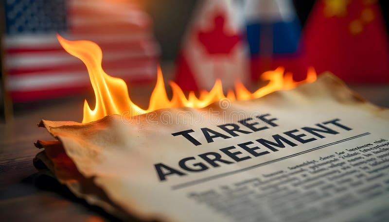 A Document Labeled "TARIFF AGREEMENT" is Engulfed in Flames, with ...