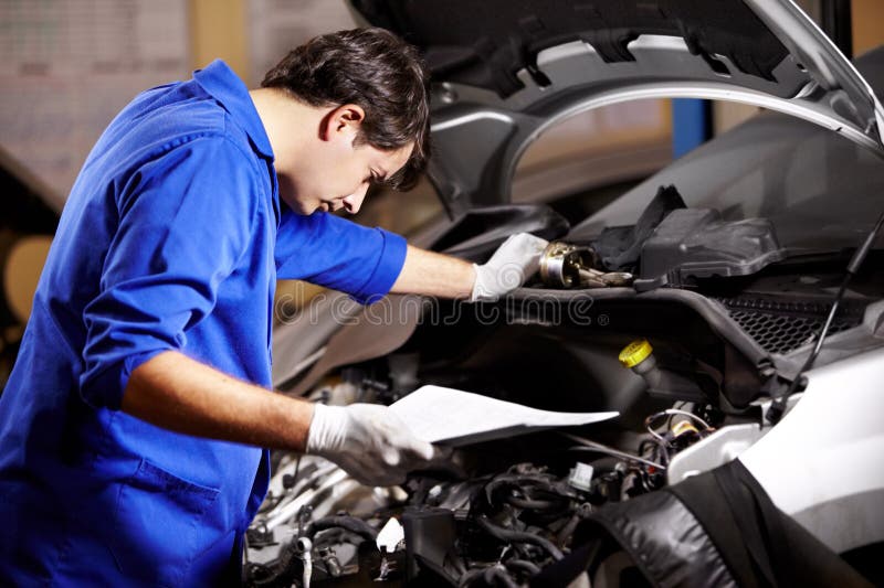 Document, Man and Technician Check Engine of Car, Repair and ...