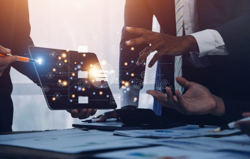 Document Management Concept. Virtual Screen Icons Document Management ...