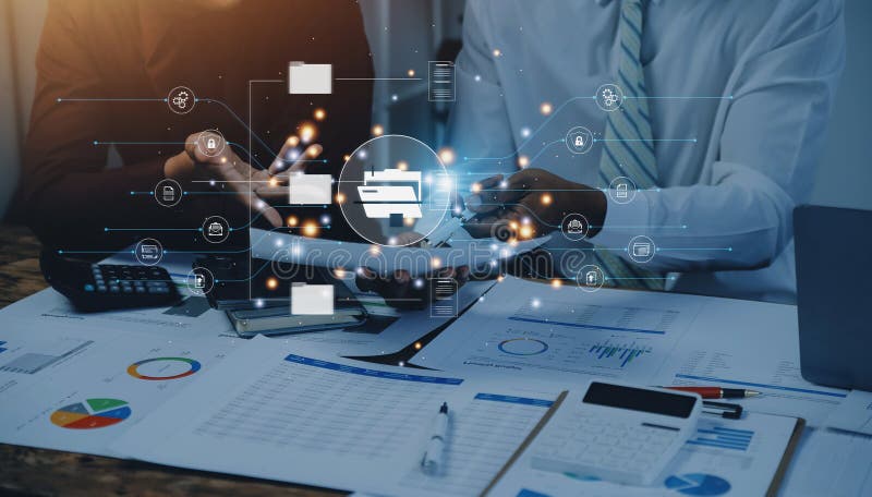 Document Management Concept. Virtual Screen Icons Document Management ...