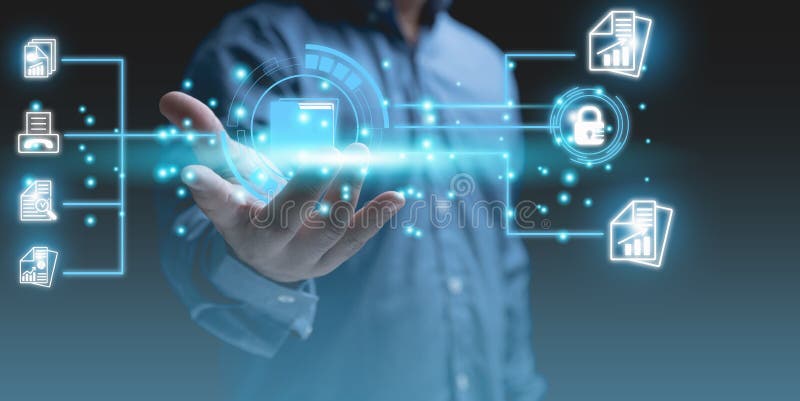 DOCUMENT MANAGEMENT SYSTEM. Businessman Holding Digital Folder Icon ...