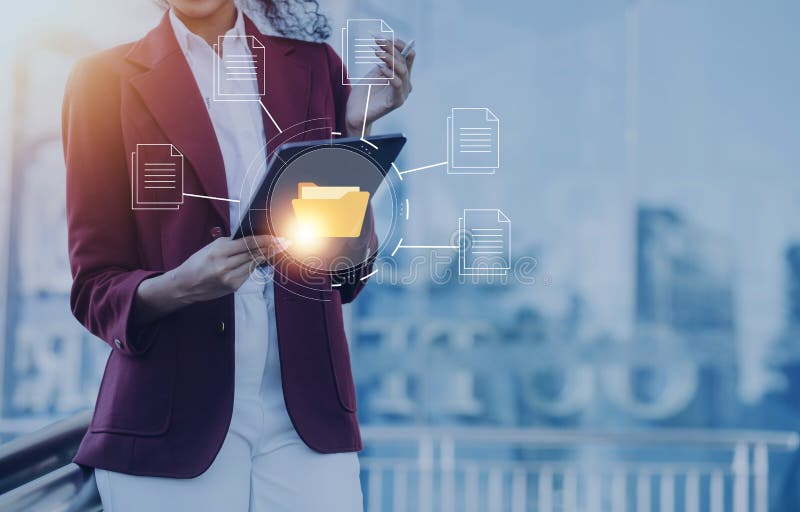 Document Management System Concept, Business Man Holding Folder and ...