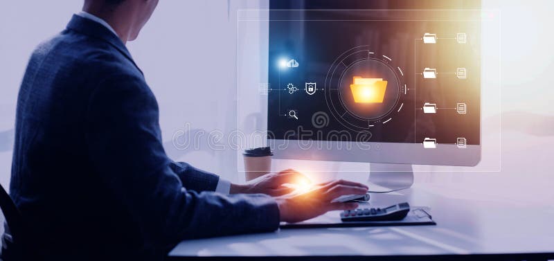 Document Management System Concept, Business Man Holding Folder and ...