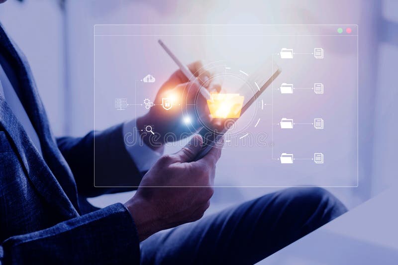 Document Management System Concept, Business Man Holding Folder and ...