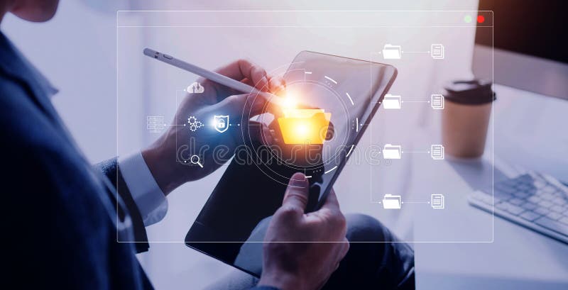 Document Management System Concept, Business Man Holding Folder and ...