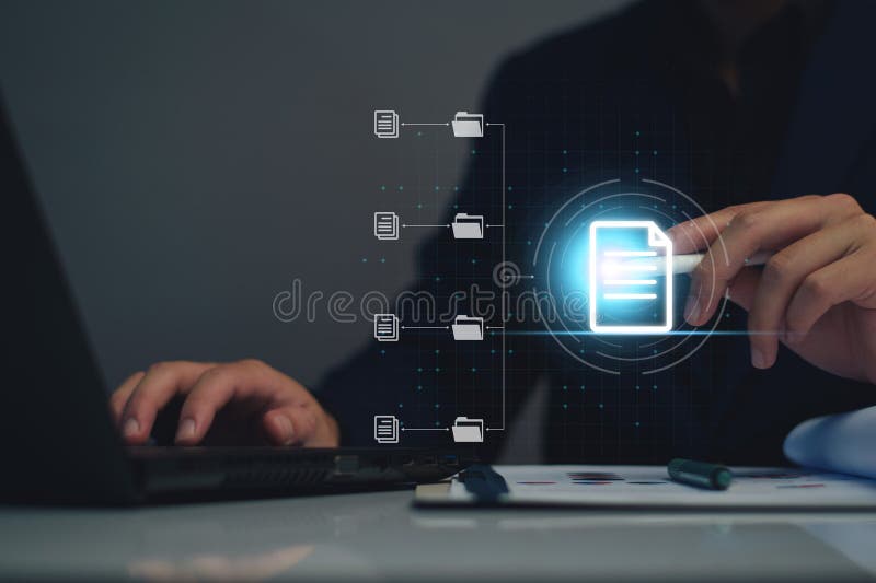 Document Management System Concept, Business Man Using Laptop Search Folder and Document Icon ...