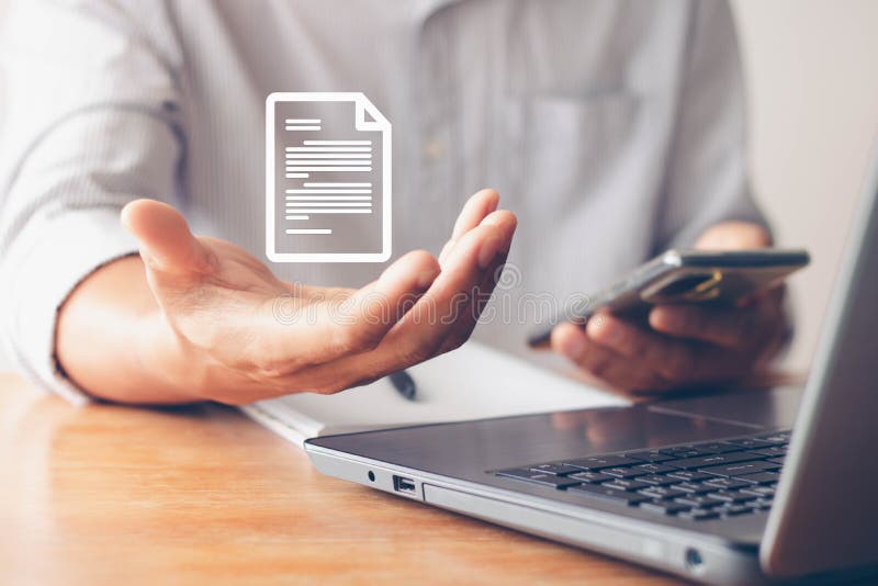 Document Management System Concept, Businessman Holding a Document Icon ...