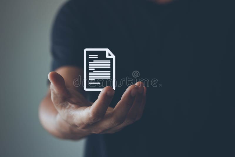 Document Management System Concept, Businessman Holding a Document Icon ...