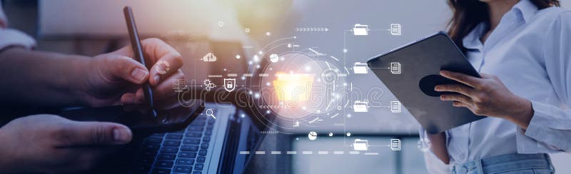 Document Management System Concept, Businessman Signs Electronic ...