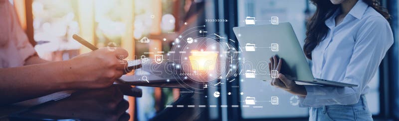 Document Management System Concept, Businessman Signs Electronic ...