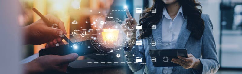 Document Management System Concept, Businessman Signs Electronic ...