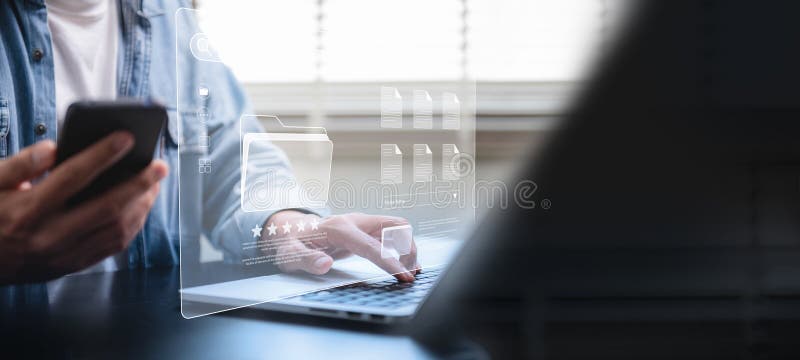 Document Management System Concept, Businessman Using a Laptop Computer ...