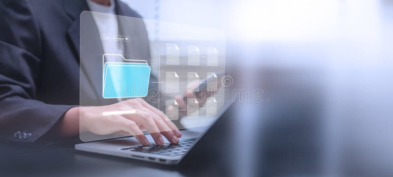 Document Management System Concept, Businessman Using a Laptop Computer ...