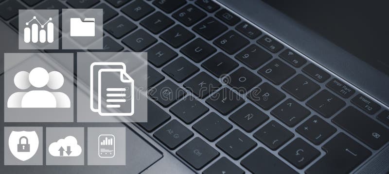 Banner Close Up of Laptop Keyboard with Digital Administration Interface. Stock Image - Image of ...