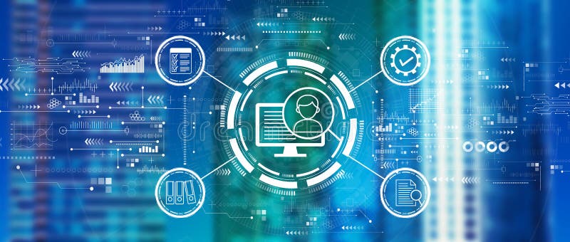 Document Management System Concept with Downtown Skyline Stock ...