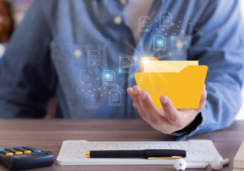 Hand-holding Folder the Virtual Screen with Icon Document Data ...