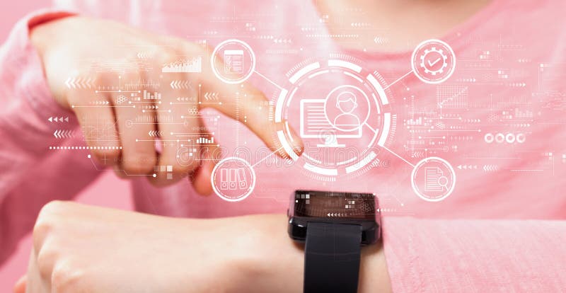 Document Management System Concept with Woman Pressing Smart Watch ...