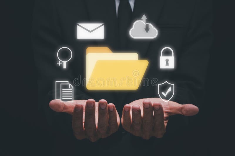 Businessman Holding Folder and Document Icon on Virtual Screen Stock ...