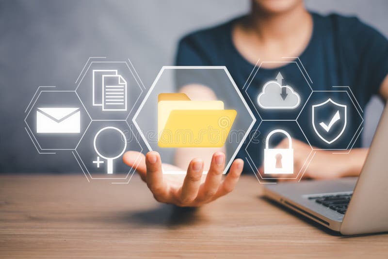 Document Management System DMS, Businesswoman Hand Holding Folder and ...