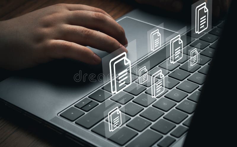 Woman Using Laptop with VR Interface of Documents. Stock Photo - Image ...