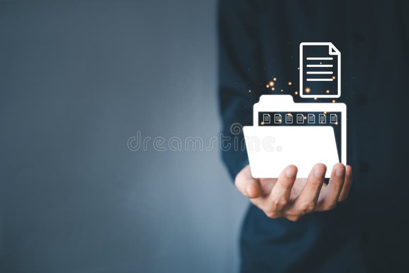 Document Management System DMS. Folder Icon on Hand of Businessman ...