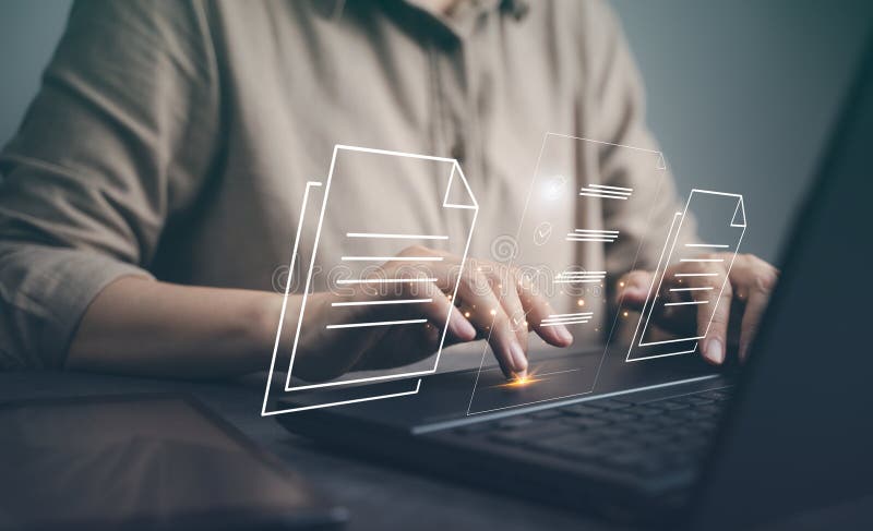 Document Management System, DMS. Woman Use Laptop in Business Arrange ...