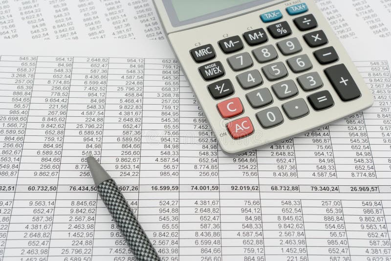 Document with Numbers in Several Columns, Calculator and Pen Stock ...