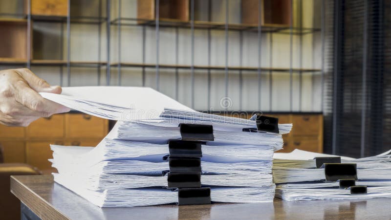 Document, Paper, File.Piles of Papers Placed on a Dark Wooden Table ...