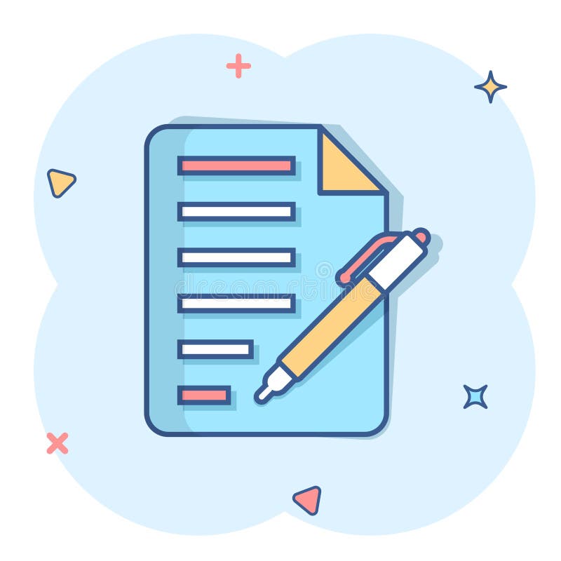 Document with Pen Icon in Comic Style. Notepad Vector Cartoon ...
