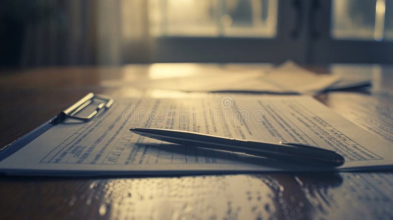 Document and Pen on Office Desk with Large Windows and Natural Light ...