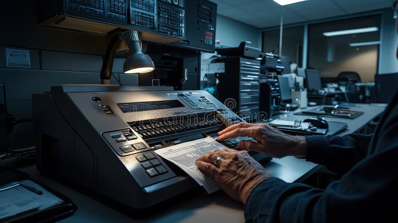 Document Processing Action in Office Environment Vintage Typewriter ...