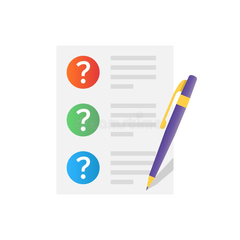Document with Question Mark and Pen Icon in Flat Style. Quiz Survey ...